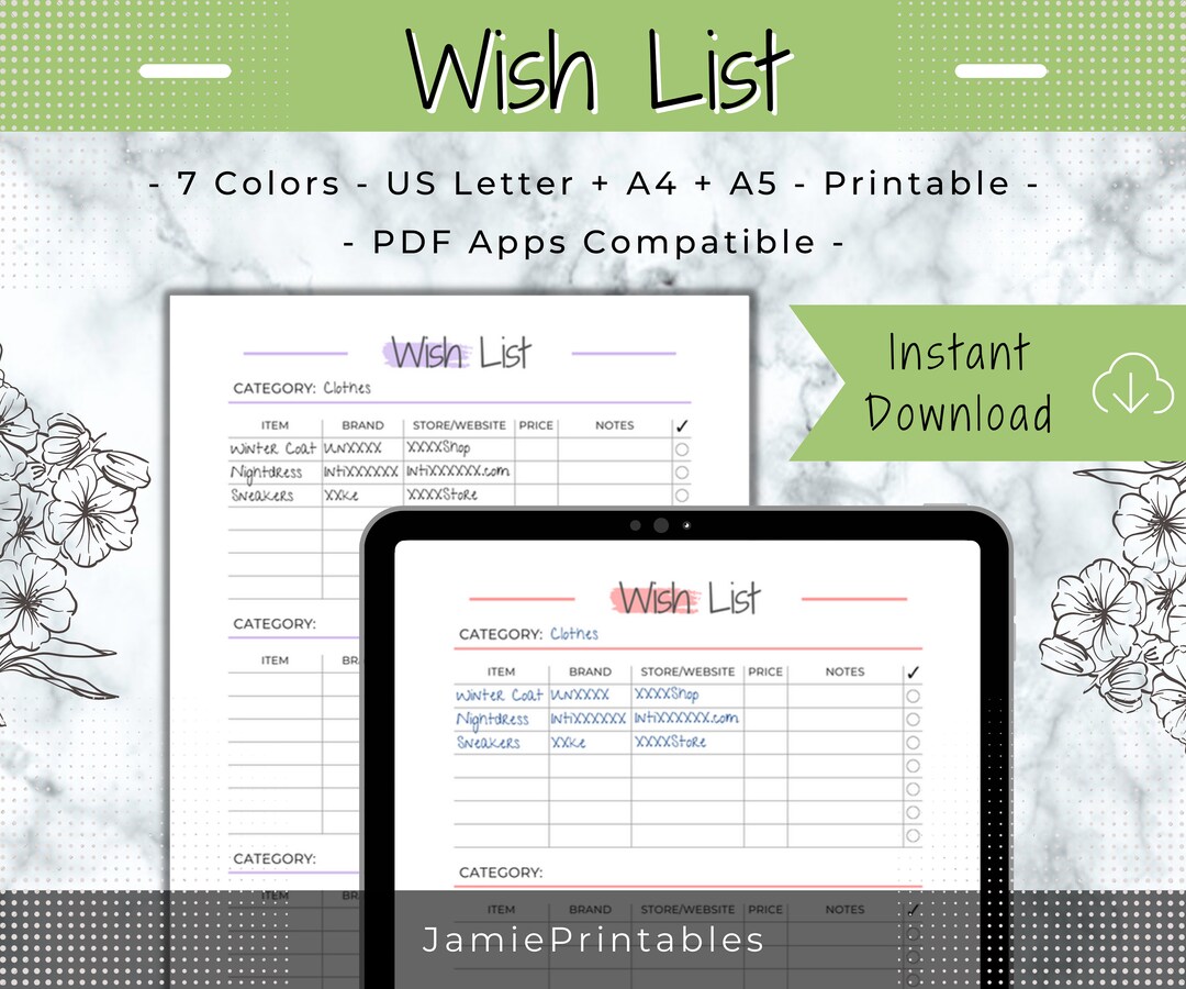 Wish List Printable Minimalist Planner Inserts, Wish List Template ...