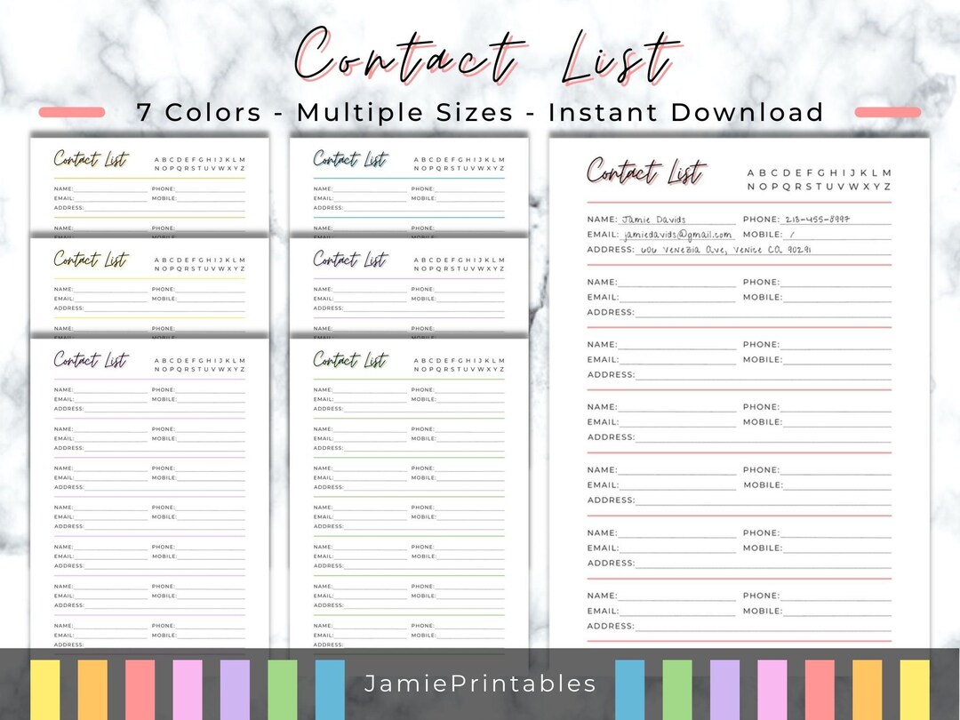 Contact List Printable Template Agenda Inserts Address - Etsy