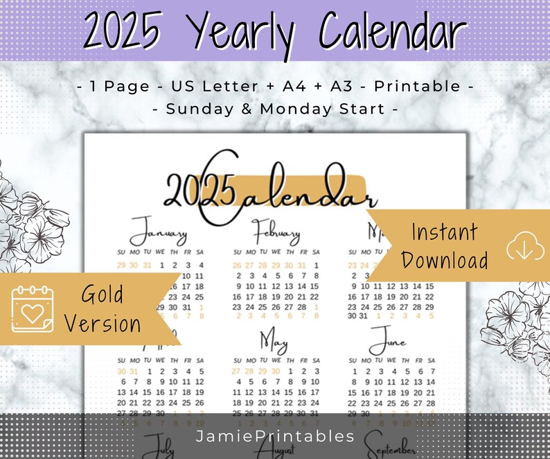 2025 Year at A Glance Calendar Printable Sunday & Monday Start A3, A4 ...