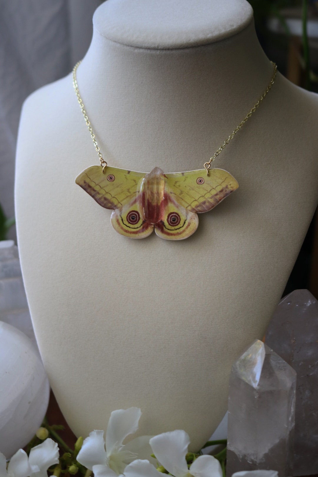 Automeris Lo Moth With Quartz Necklace in Gold - Etsy