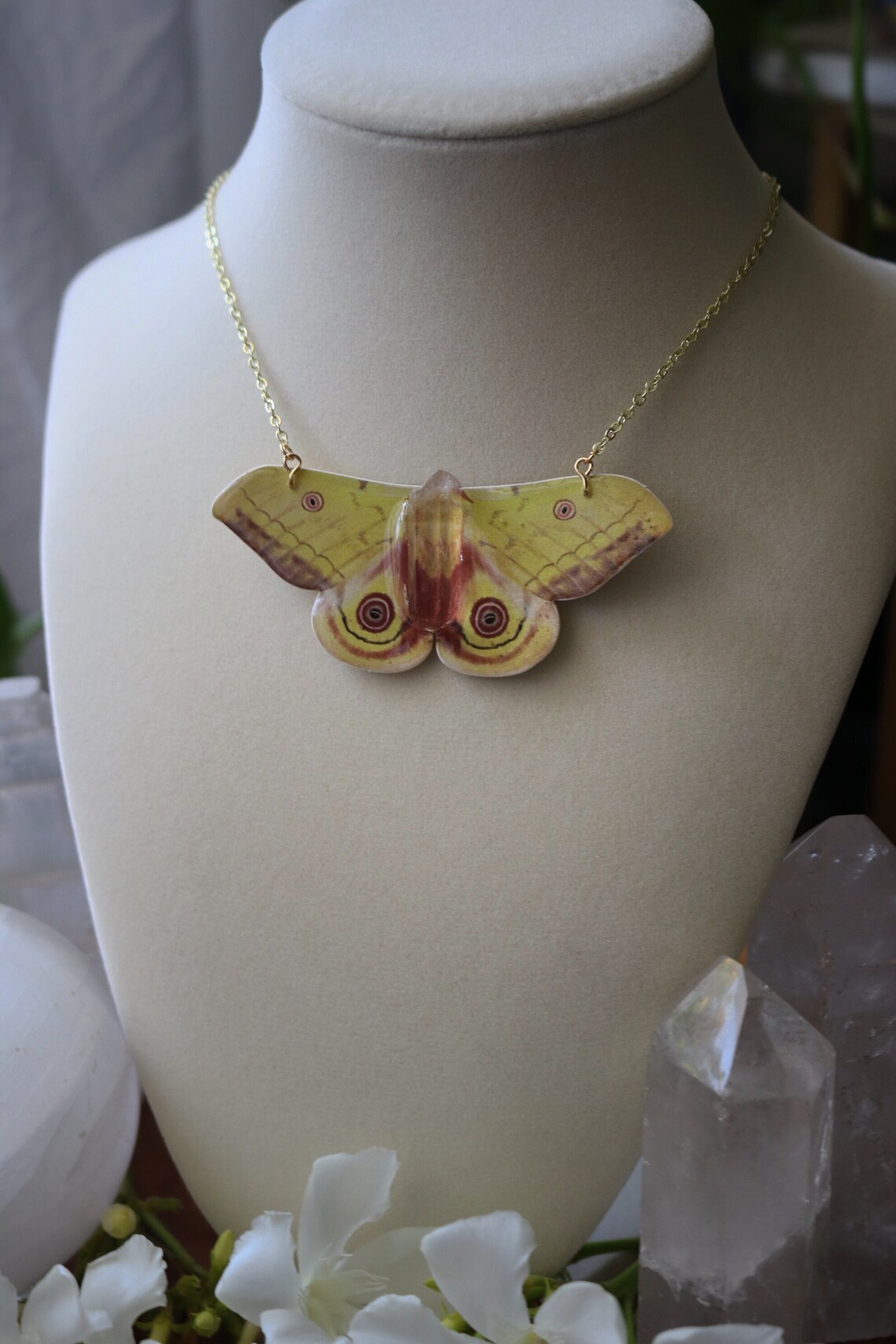 Automeris Lo Moth With Quartz Necklace in Gold - Etsy