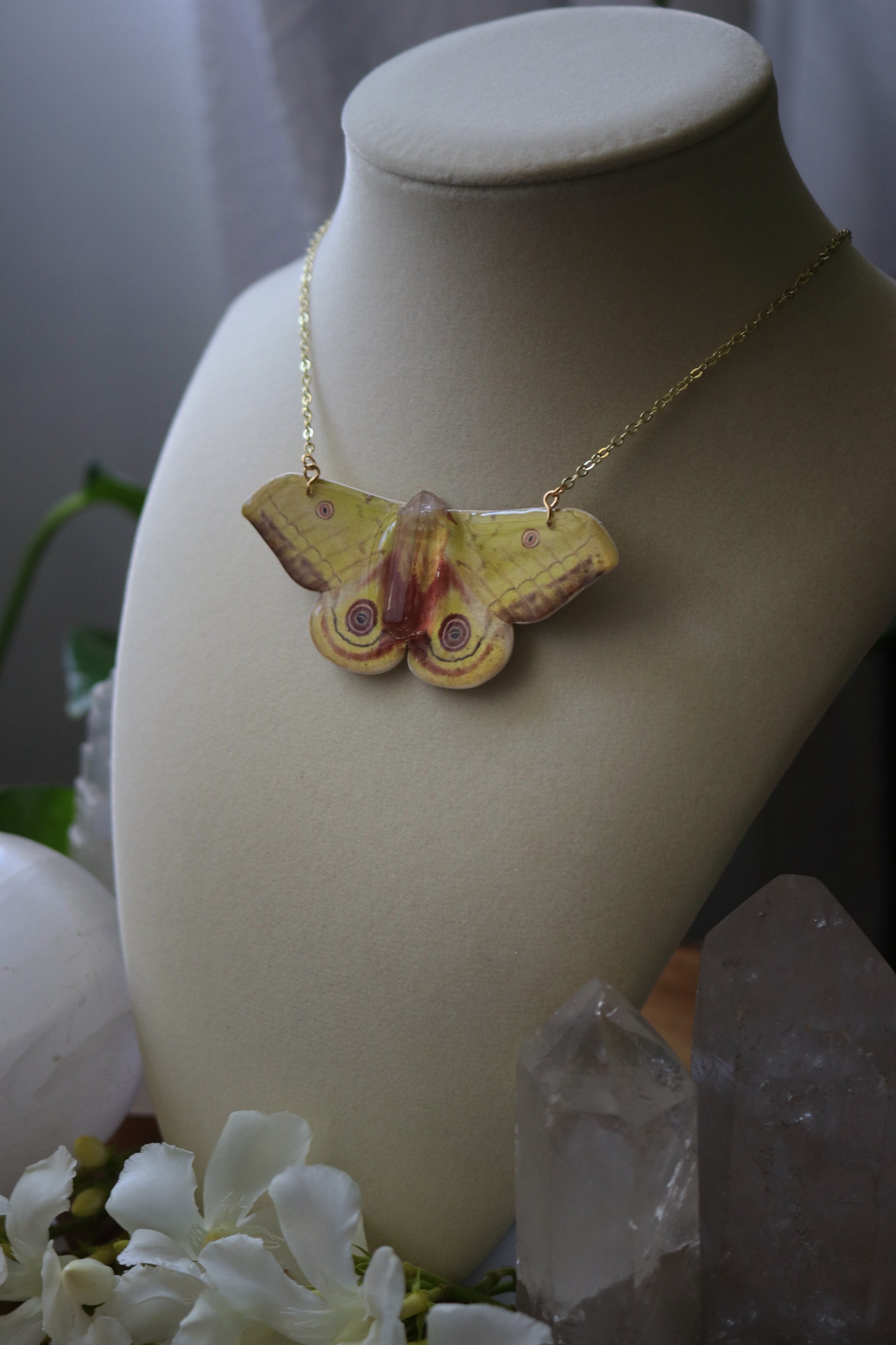 Automeris Lo Moth With Quartz Necklace in Gold - Etsy