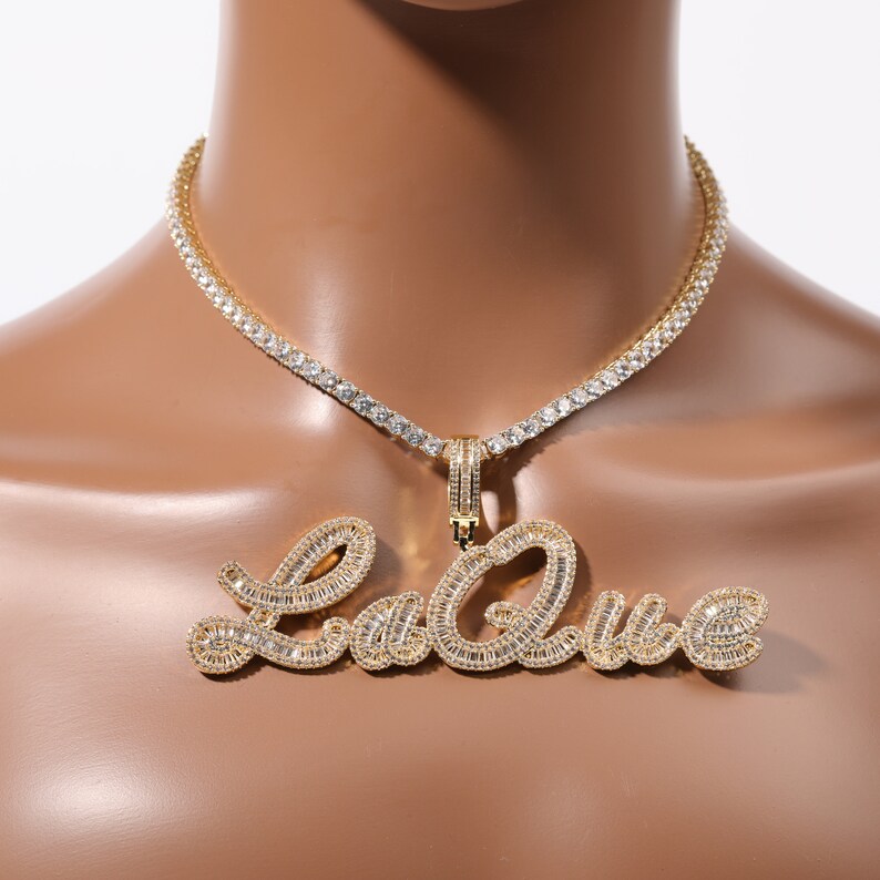 Custom Baguette Script Letter Necklace,custom Name Pendant With Rope ...