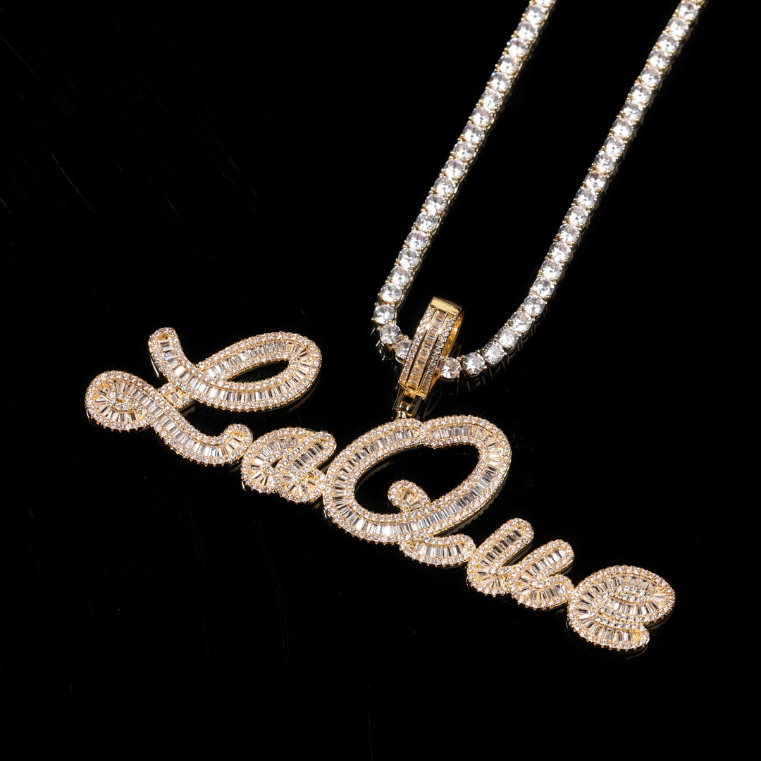 Custom Baguette Script Letter Necklace,custom Name Pendant With Rope ...