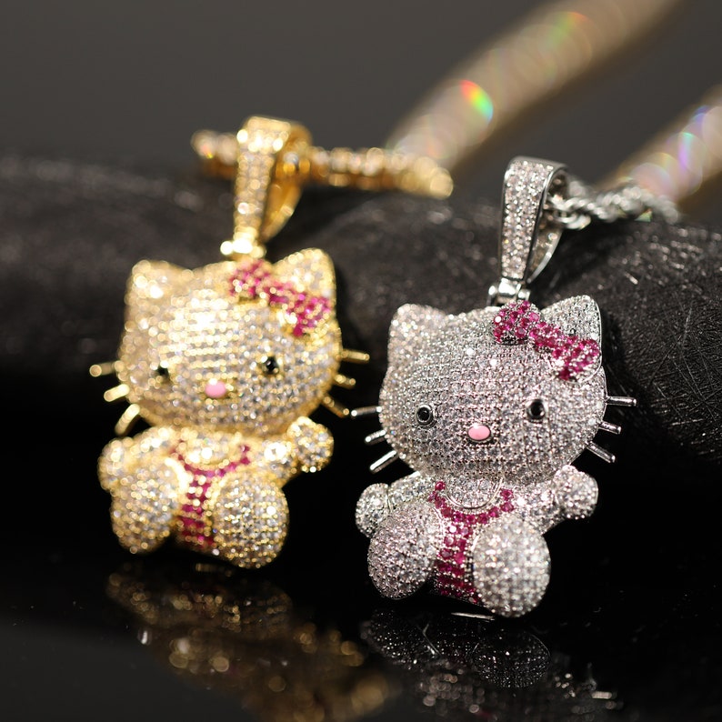 Mirco Paved Diamond Cute Kitty Cartoon Pendant Tennis Chain,kitty Cat ...