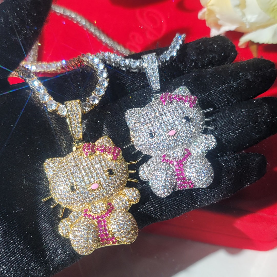 Mirco Paved Diamond Cute Kitty Cartoon Pendant Tennis Chain,kitty Cat ...