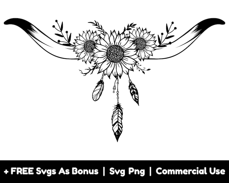 Bull Horns and Sunflowers Svg Png Files, Boho Design Svg, Cow Horns Svg ...
