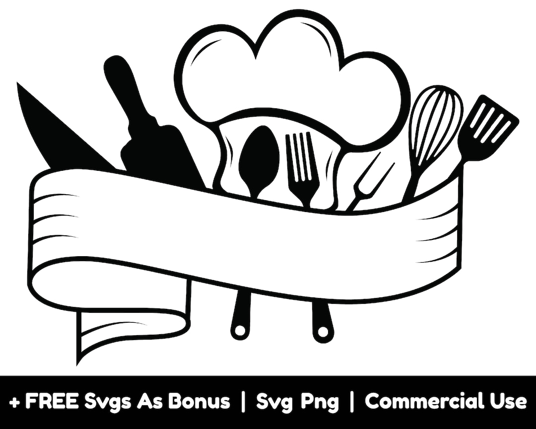 Kitchen Utensils Svg Png Files, Chef Hat and Ribbon Frame Svg ...