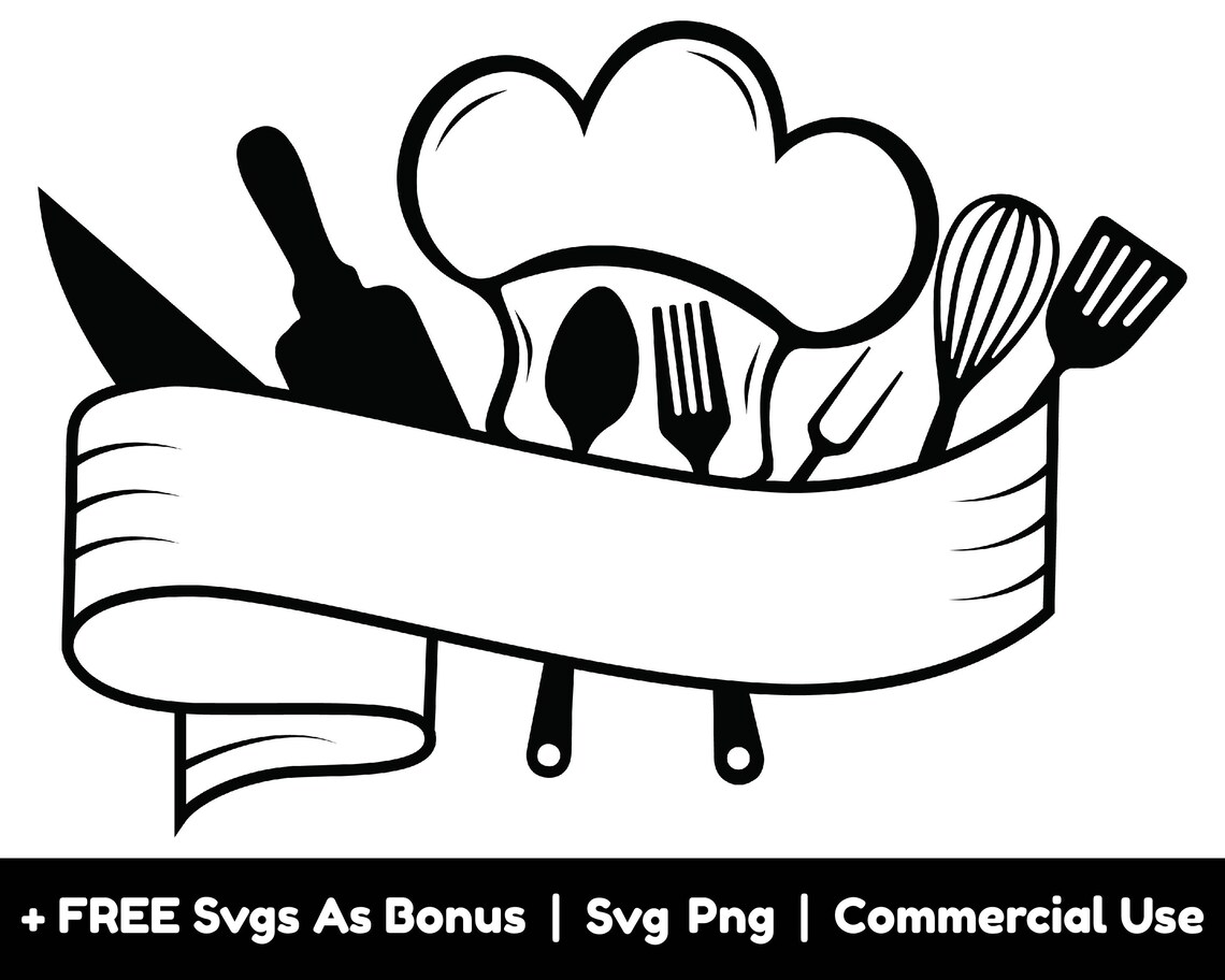 Kitchen Utensils Svg Png Files, Chef Hat and Ribbon Frame Svg ...