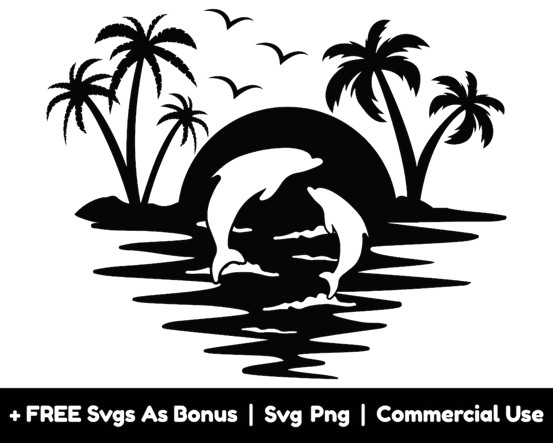 Beach Scene Clipart Image Svg Png File, Dolphins and Palm Trees Svg ...