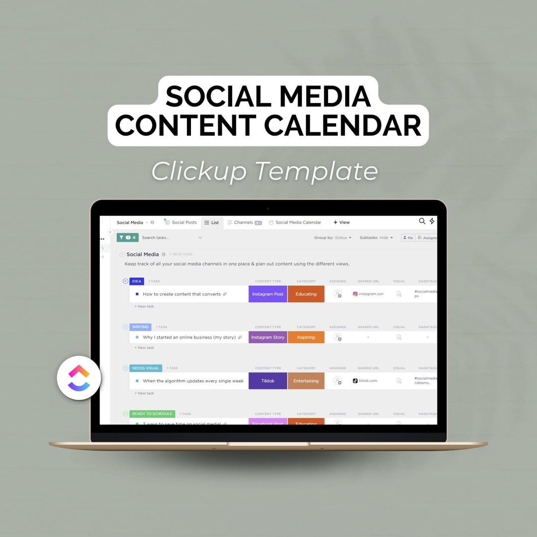 Social Media Content Calendar Clickup Template (PDF) - Etsy
