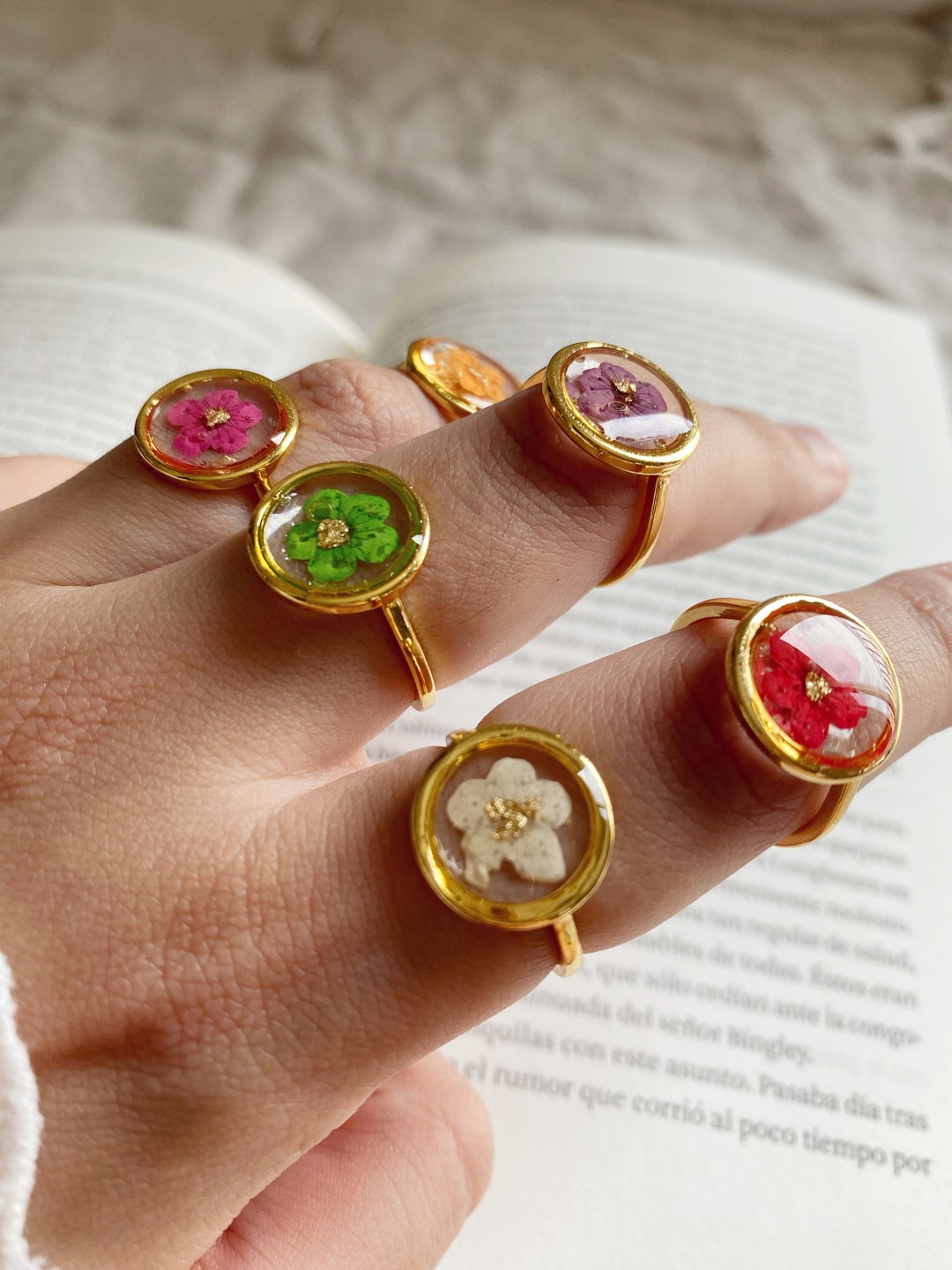 Real Flower Adjustable Ring in Stainless Steel, Handmade Resin Jewelry ...