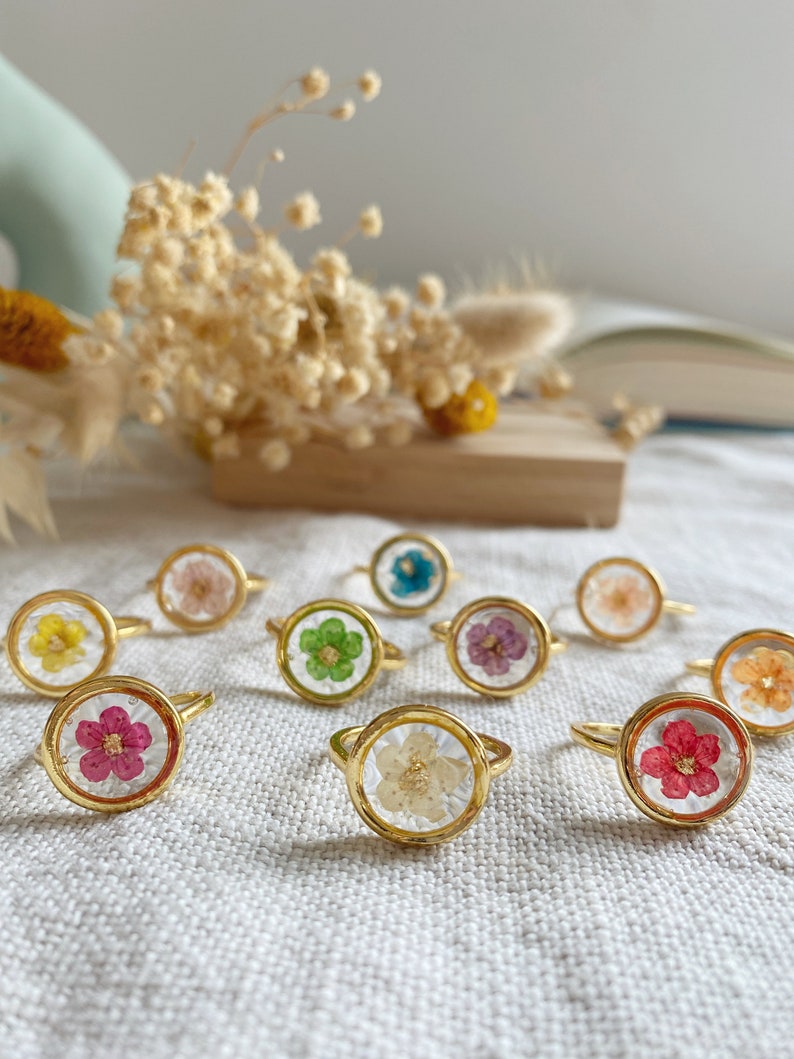 Real Flower Adjustable Ring in Stainless Steel, Handmade Resin Jewelry ...