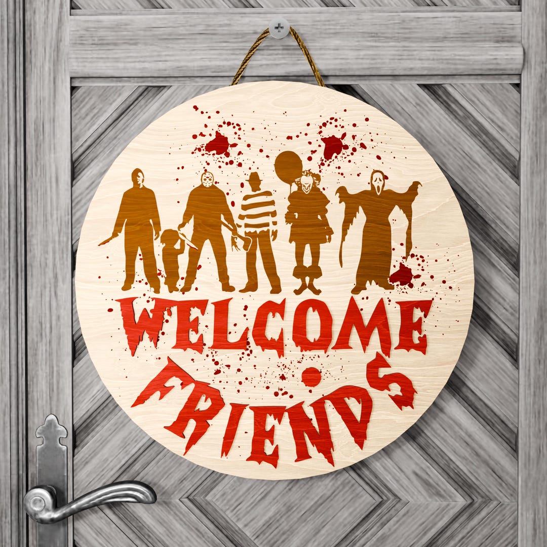 Halloween Welcome Sign - Scary Movie Theme Door Hanger, Spooky Wooden ...
