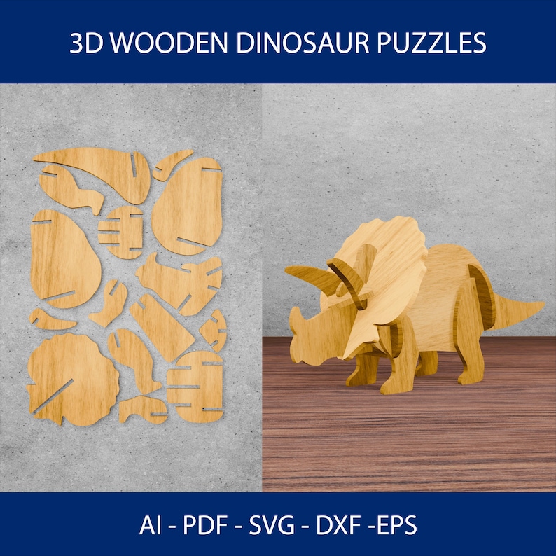 Set of 3 Dino Puzzles Laser Cut File, 3D Puzzle, Dinosaur Toys, Puzzles ...