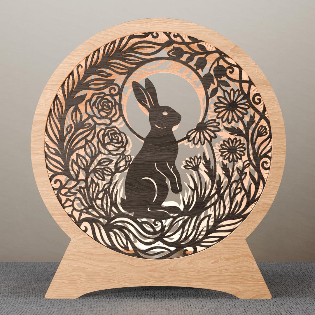 Laser Cut Wooden Rabbit Moon Lamp | Floral Nursery Night Light - Etsy