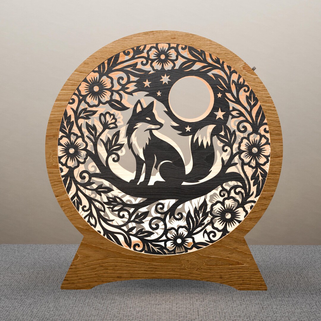 Layered Wooden Fox Lamp, Floral Moon Scene, Laser Cut Night Light - Etsy