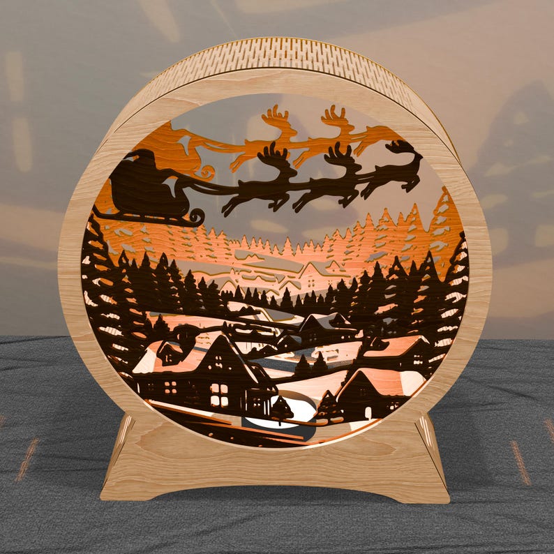 Laser Cut Christmas Lamp: Santa's Sleigh & Snowy Village (digital ...