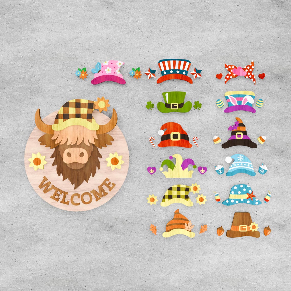 Highland Cow Welcome Sign SVG: Interchangeable Hats, Farmhouse Door ...