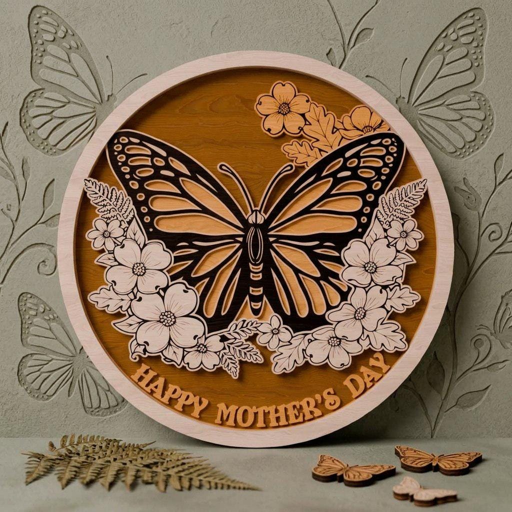Monarch Butterfly Floral Sign, Layered Round Laser Cut File (digital ...