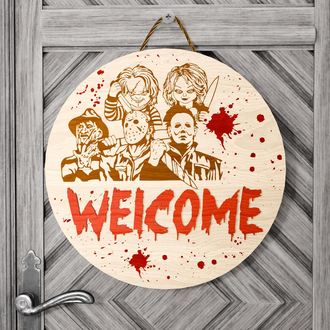 Halloween Welcome Sign - Horror Movie Characters Door Hanger, Spooky ...