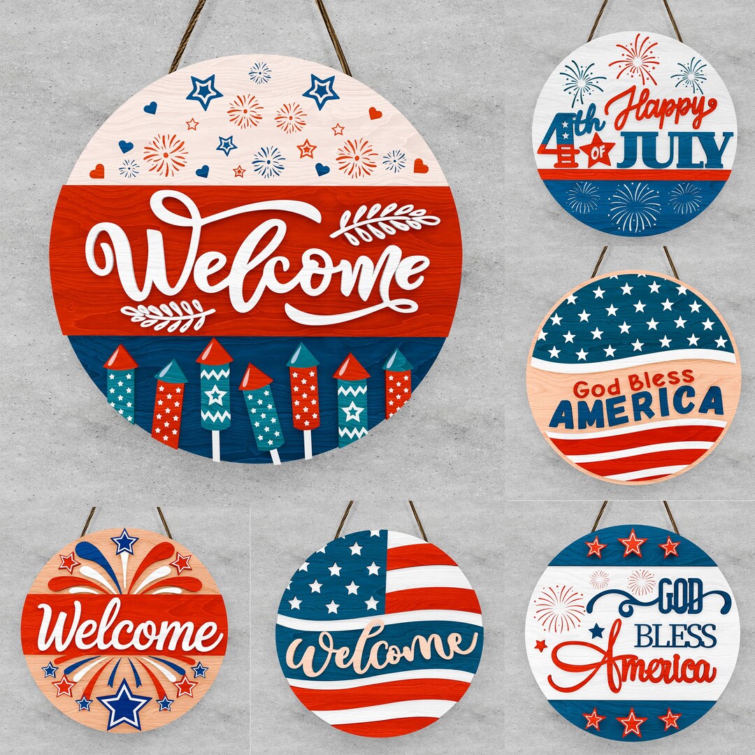 Fireworks Welcome Sign – Patriotic Round Door Hanger for July 4th ...