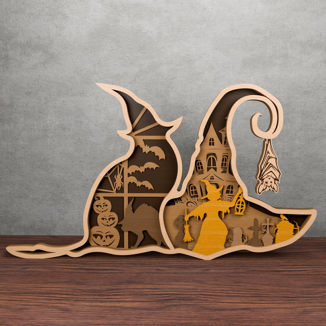 Cat Halloween Multi-layer, Laser Cut Fles - 6 Layer Art Piece for ...