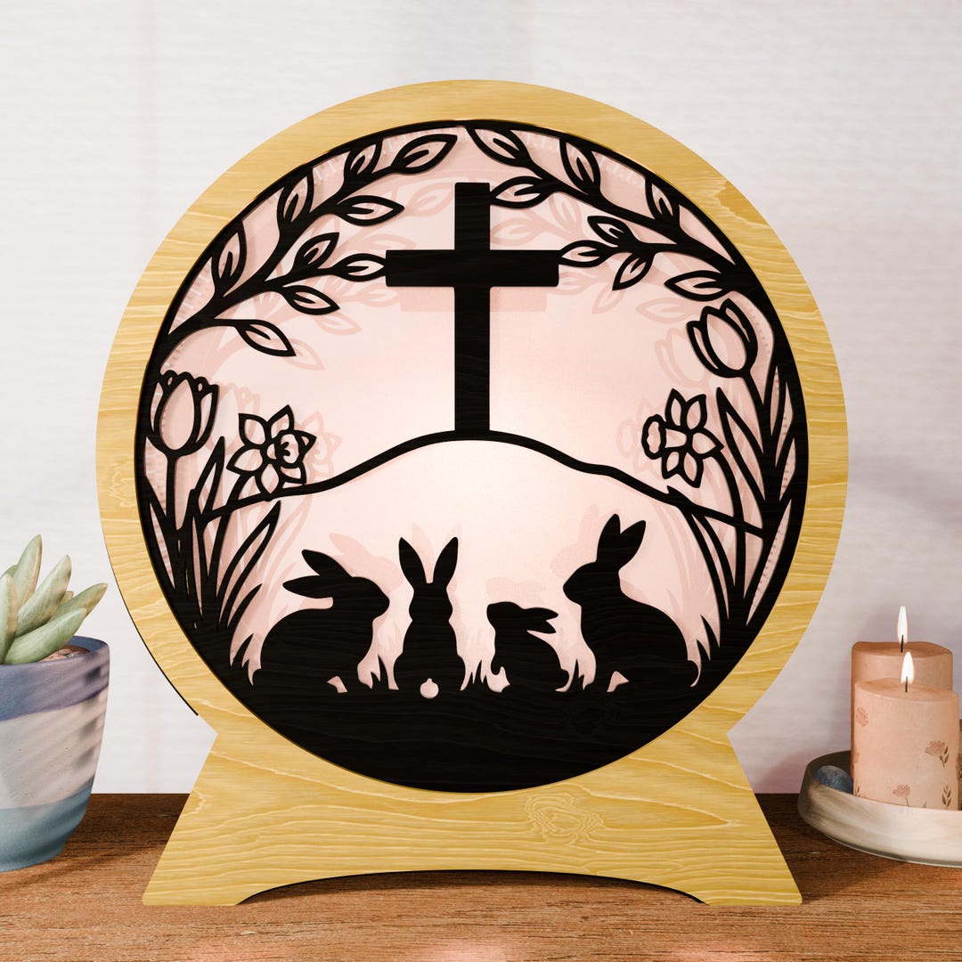 Christian Cross Bunny Easter Lamp Laser Cut File, Religious Floral ...