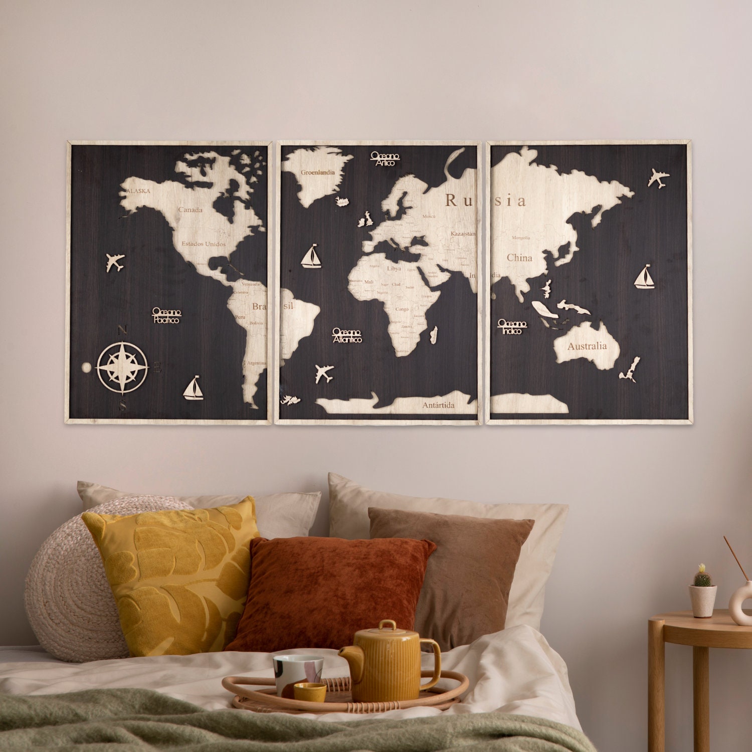 World Map Wood Picture 3D Map Triptych Wall Art Living/bedroom Wooden ...