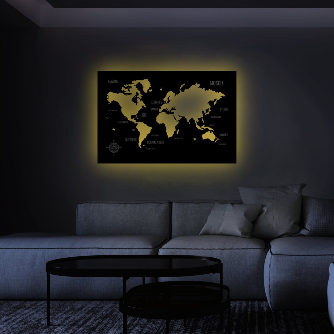 Wall Deco Led Led World Picture Home Gift Handmade Wood - Etsy