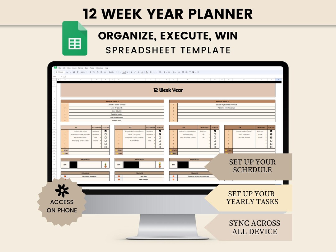 12 Week Goal Planner Spreadsheet Google Sheets, Quarterly Planner ...