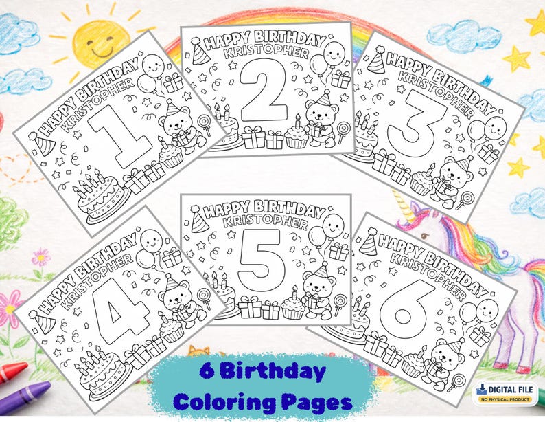 6 Editable Birthday Coloring Pages: Custom Name Numbers 1-6, (digital ...
