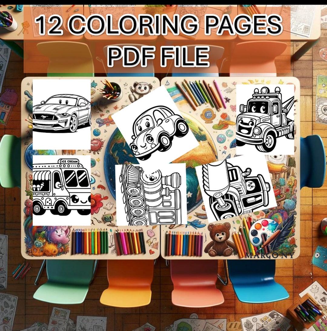 Car Coloring Pages: Kids Transportation Activity Sheets, (digital ...
