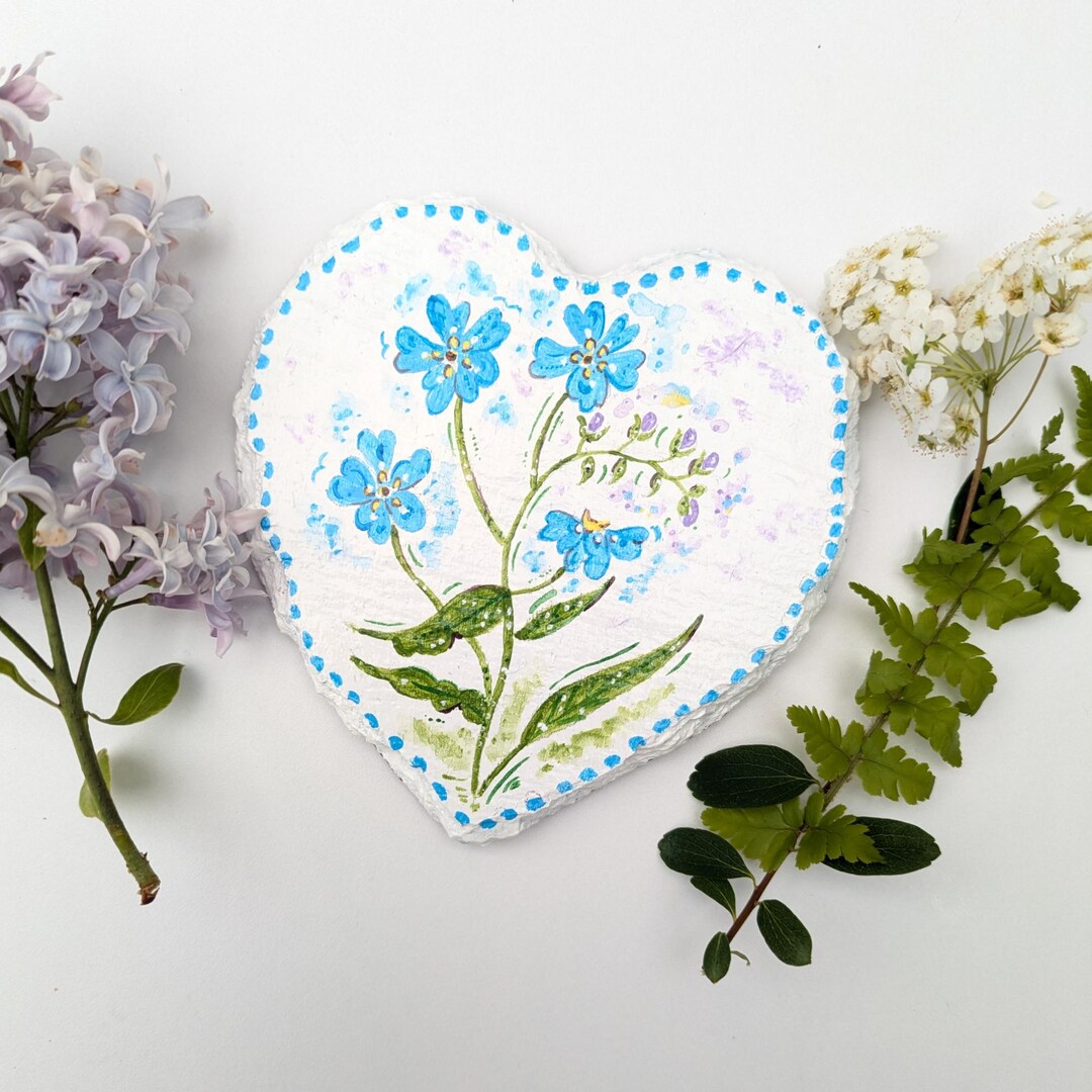 Hand-painted Forget Me Not Slate Heart Coaster: Floral Keepsake Gift - Etsy