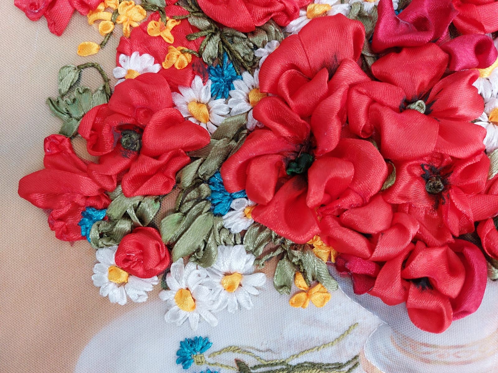 Ribbon Embroidery Picture Red Poppies and Daisies. Silk Ribbon, Wall ...