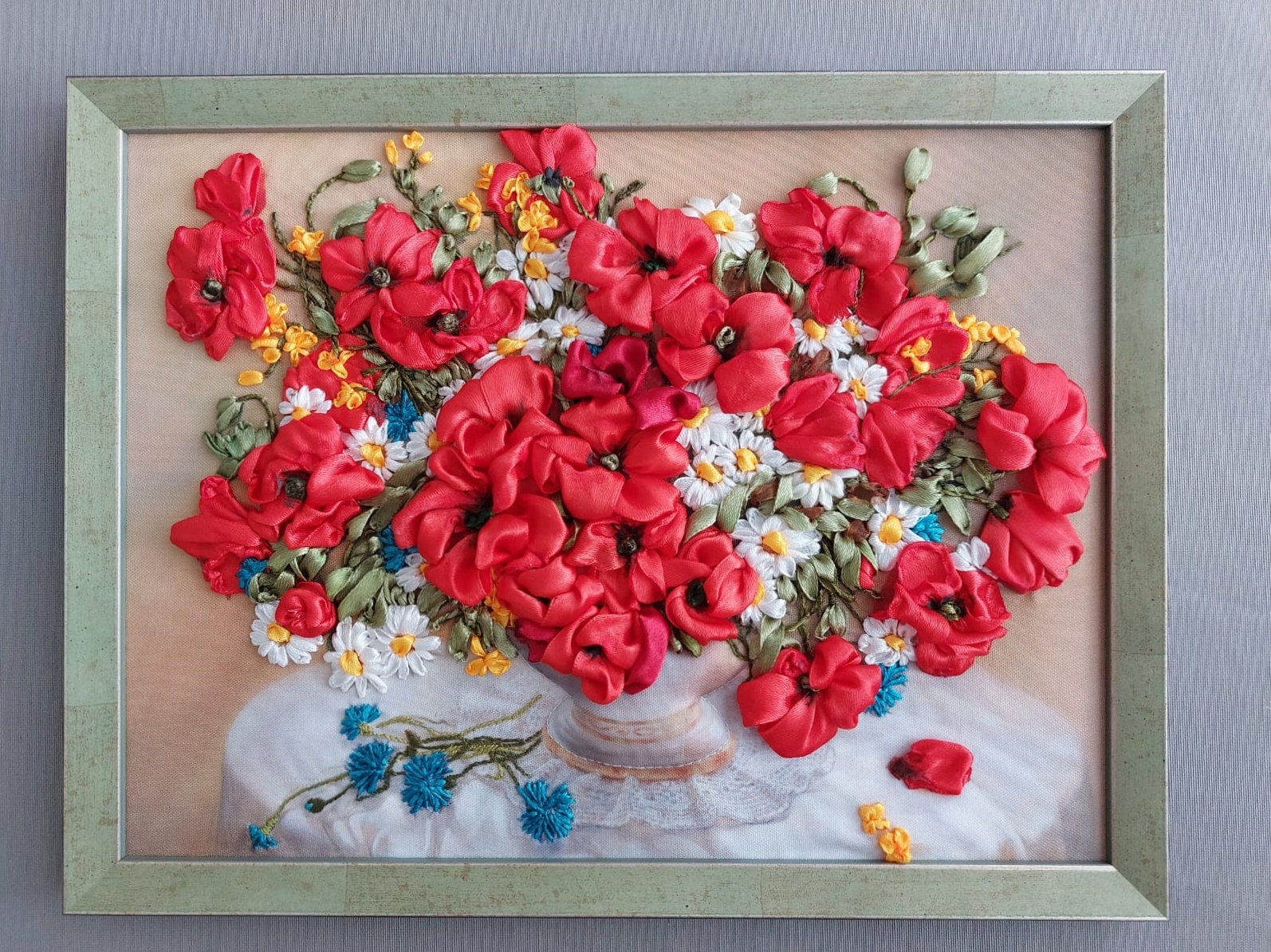 Ribbon Embroidery Picture Red Poppies and Daisies. Silk Ribbon, Wall ...