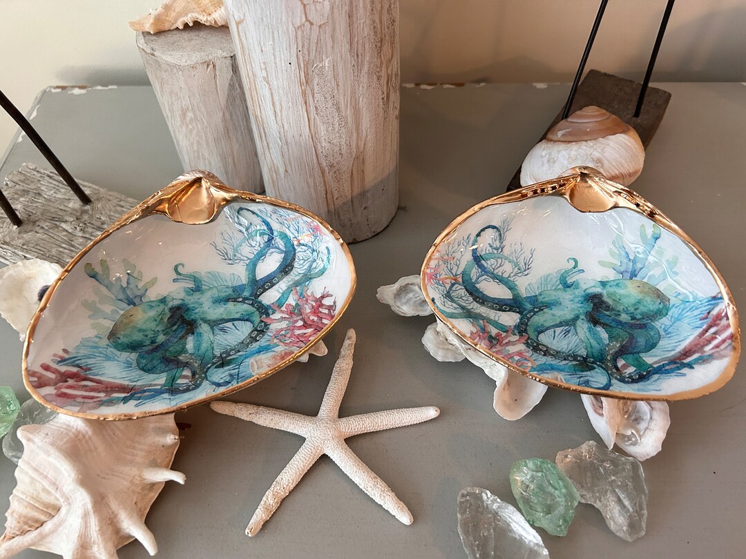 Clam Shell Ring Dish, Clam Shell Jewelry Dish, Decoupaged Trinket Dish ...