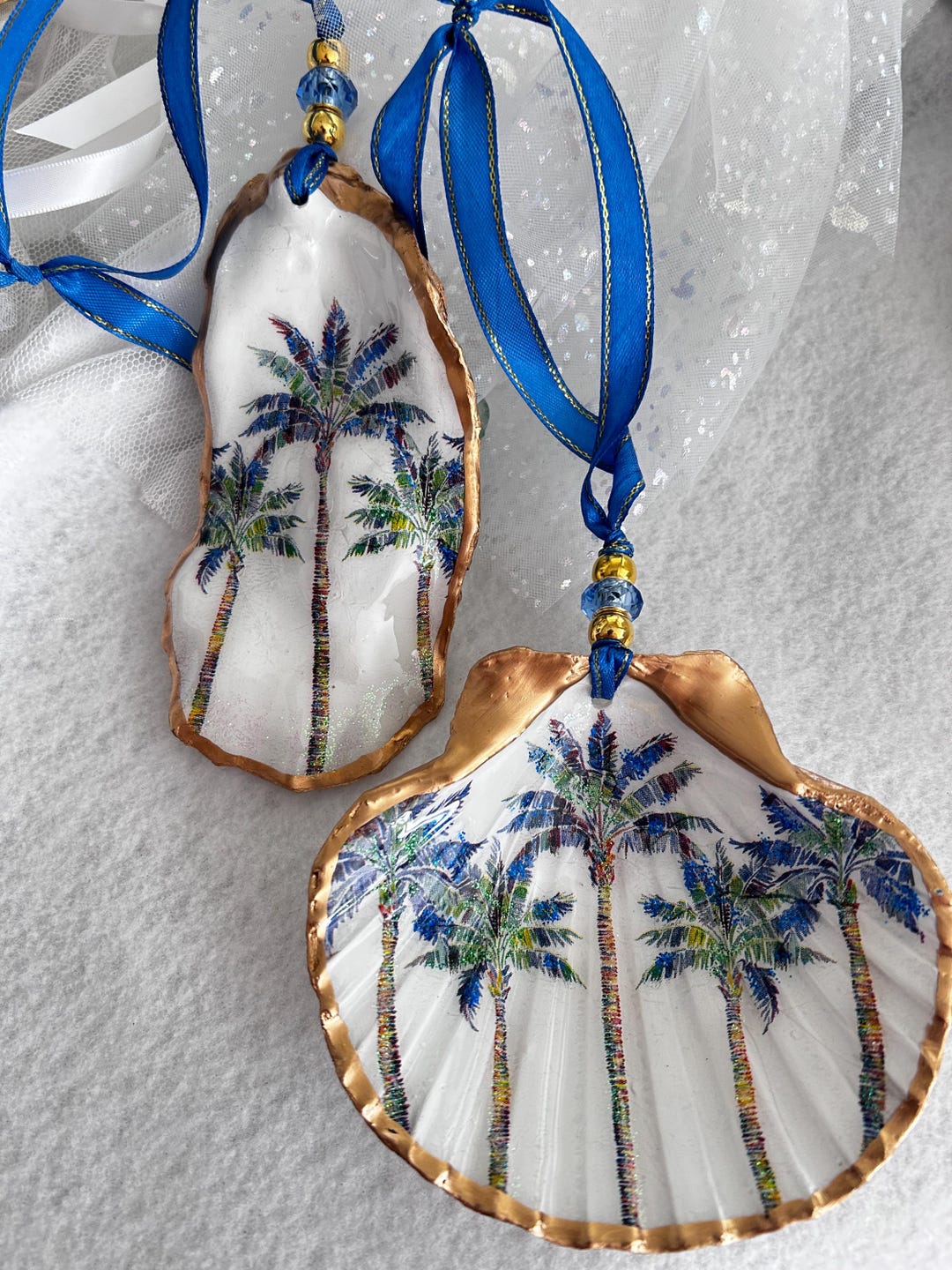 Palm Tree Ornaments, Oyster Shell Ornament, Christmas Ornament, Blue ...