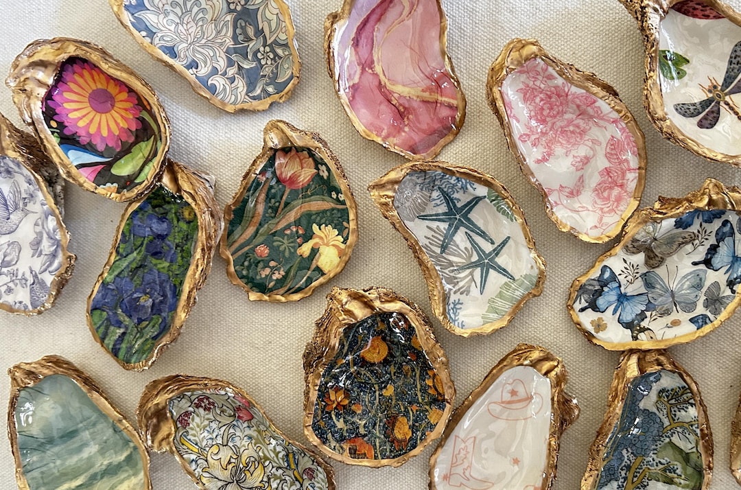 Oyster Shell Ring Dish, Oyster Ring Dish, Decoupaged Oyster Dish ...