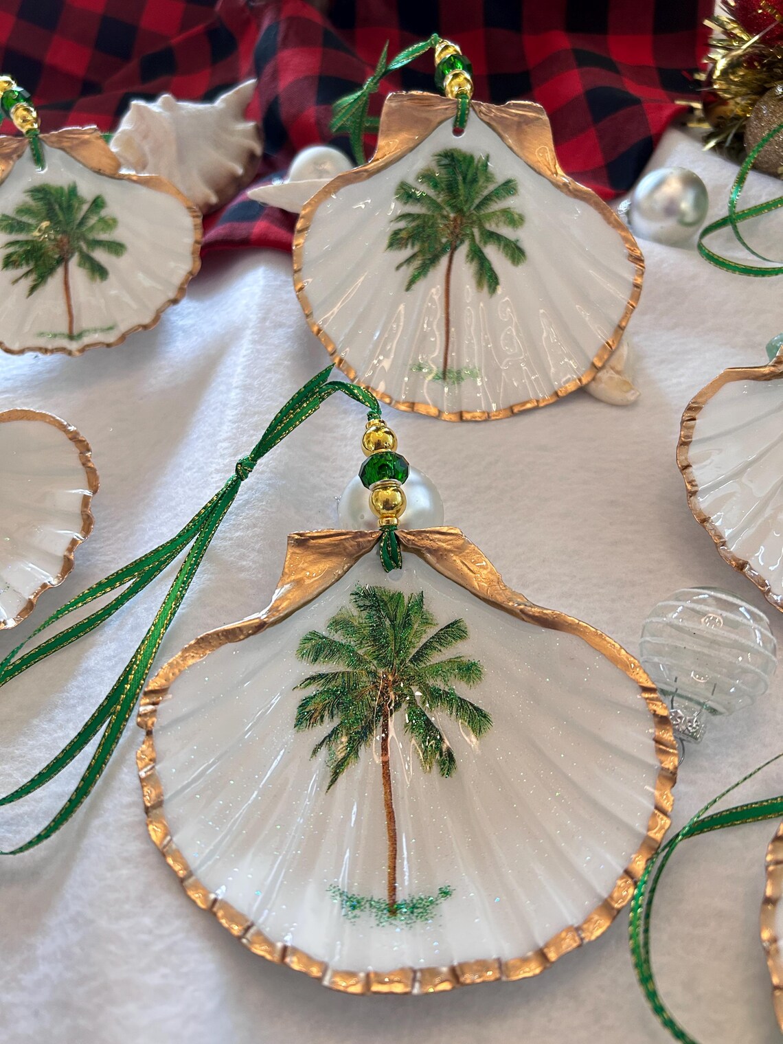 Decoupage Scallop Shell Ornament: Palm Tree Coastal Decor, Christmas ...