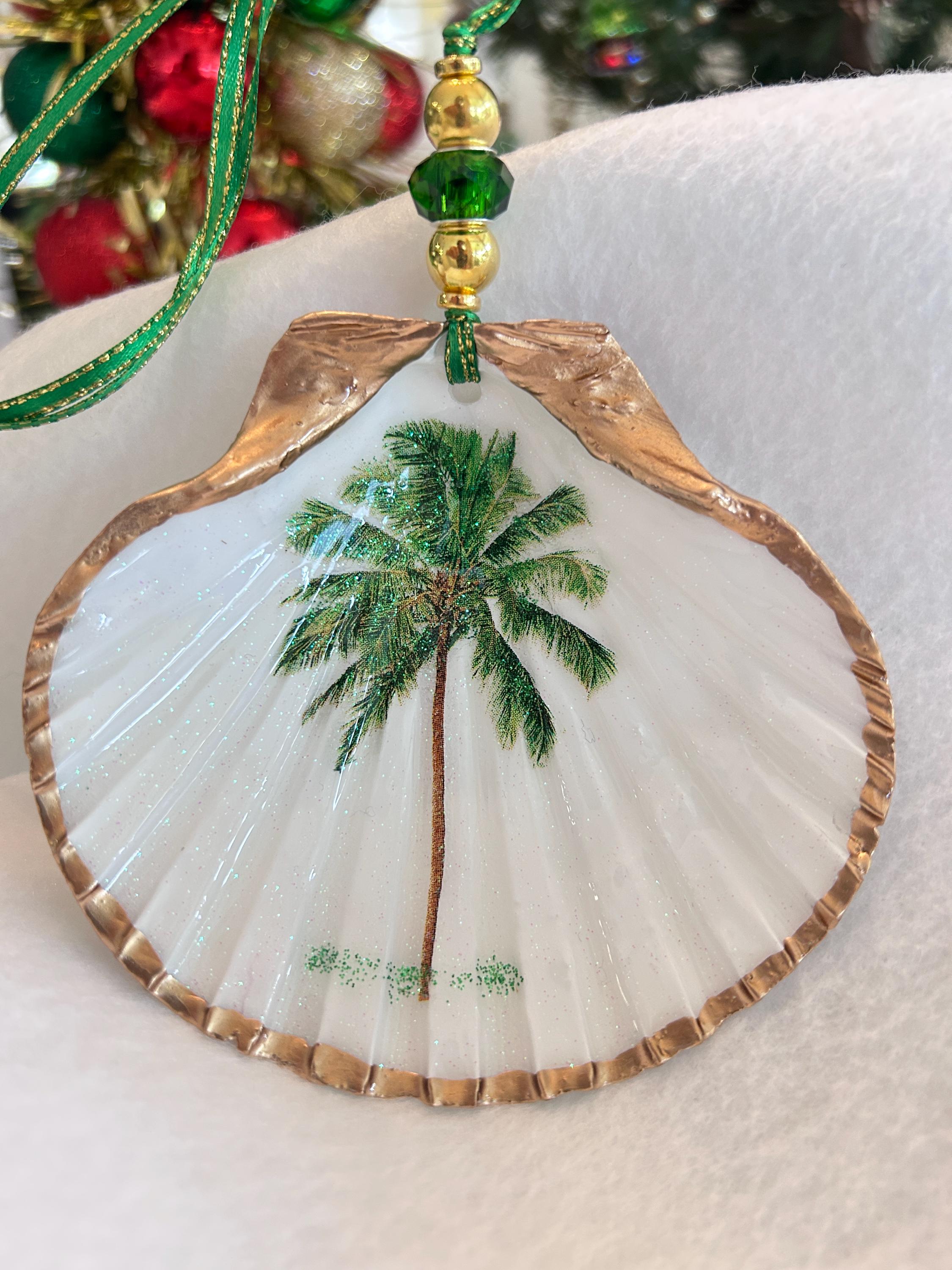Decoupage Scallop Shell Ornament: Palm Tree Coastal Decor, Christmas ...