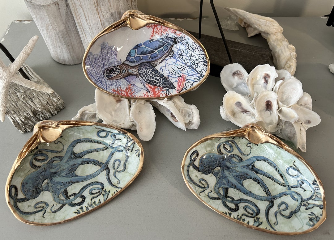 Clam Shell Ring Dish, Clam Shell Jewelry Dish, Decoupaged Trinket Dish ...