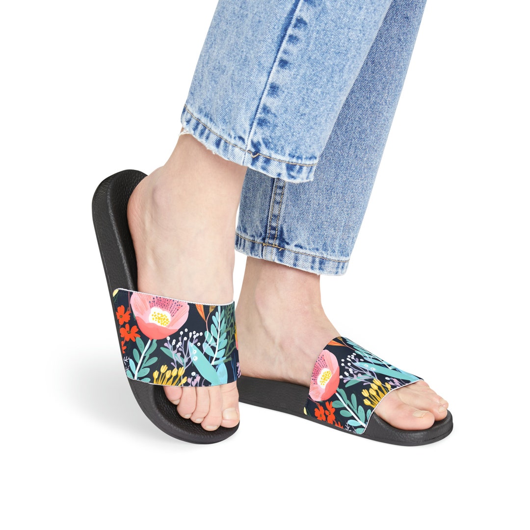Minty Floral Sandals, Women's PU Slide Sandals, Summer Sandals - Etsy