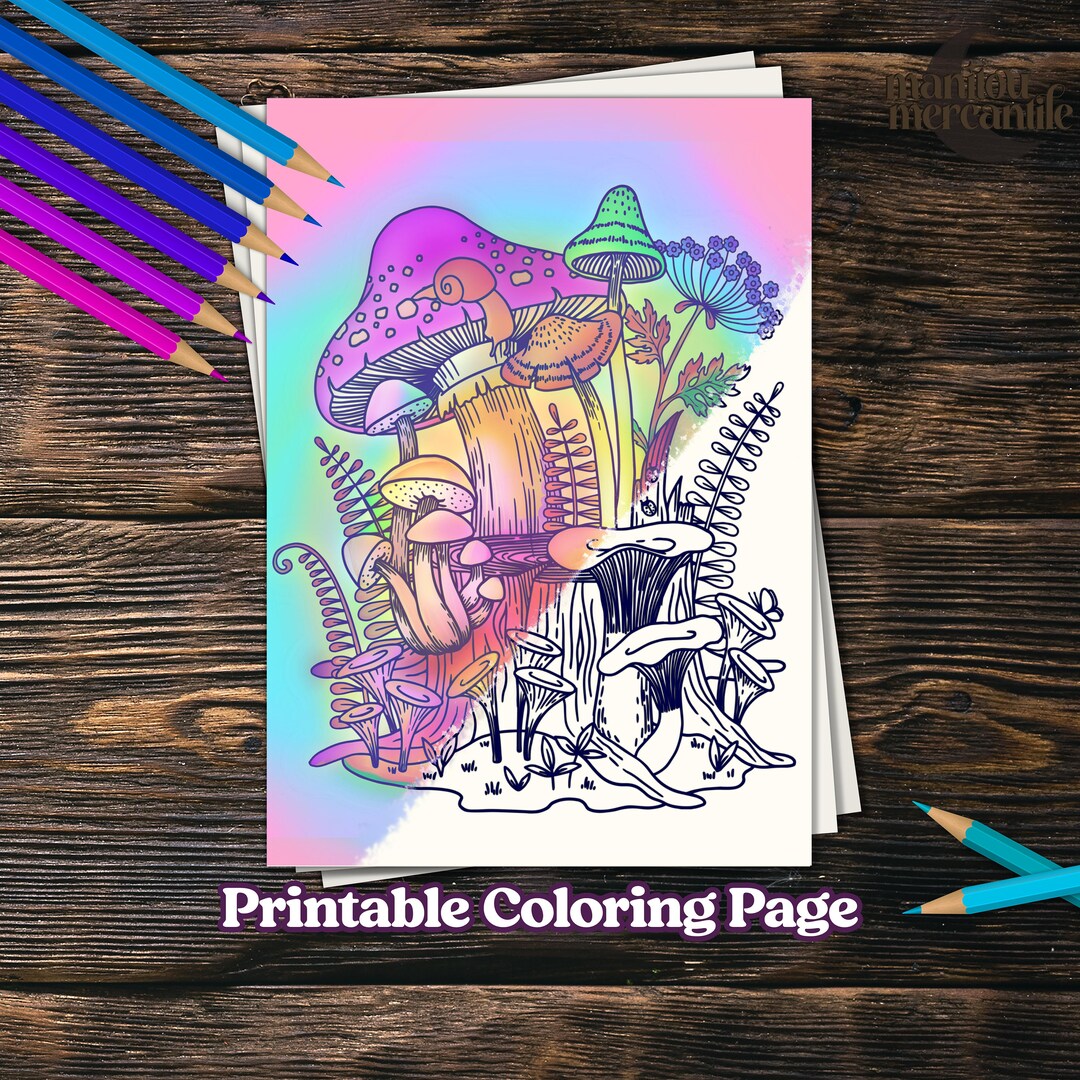 Mushroom Magic Printable Coloring Book Page | Magical Mushrooms, Flora ...