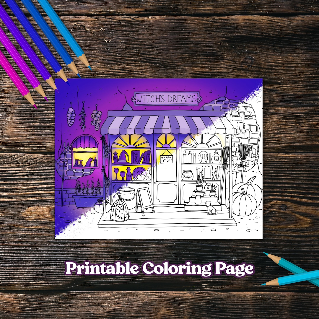 Witches Potion Shop Printable Coloring Book Page | Magic, Brooms and ...