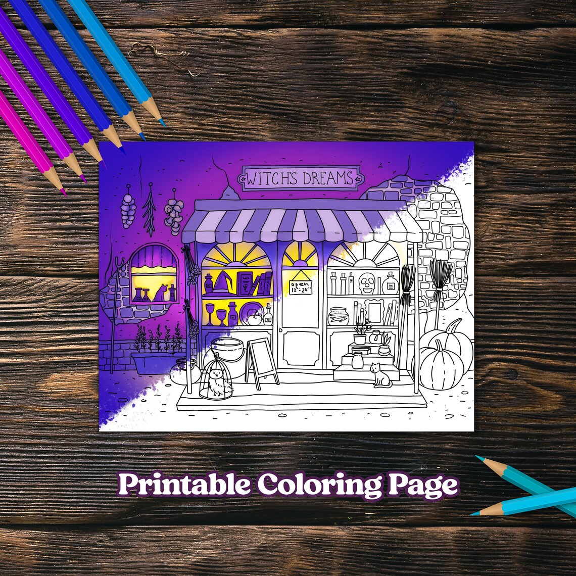 Witches Potion Shop Printable Coloring Book Page Magic, Brooms and ...