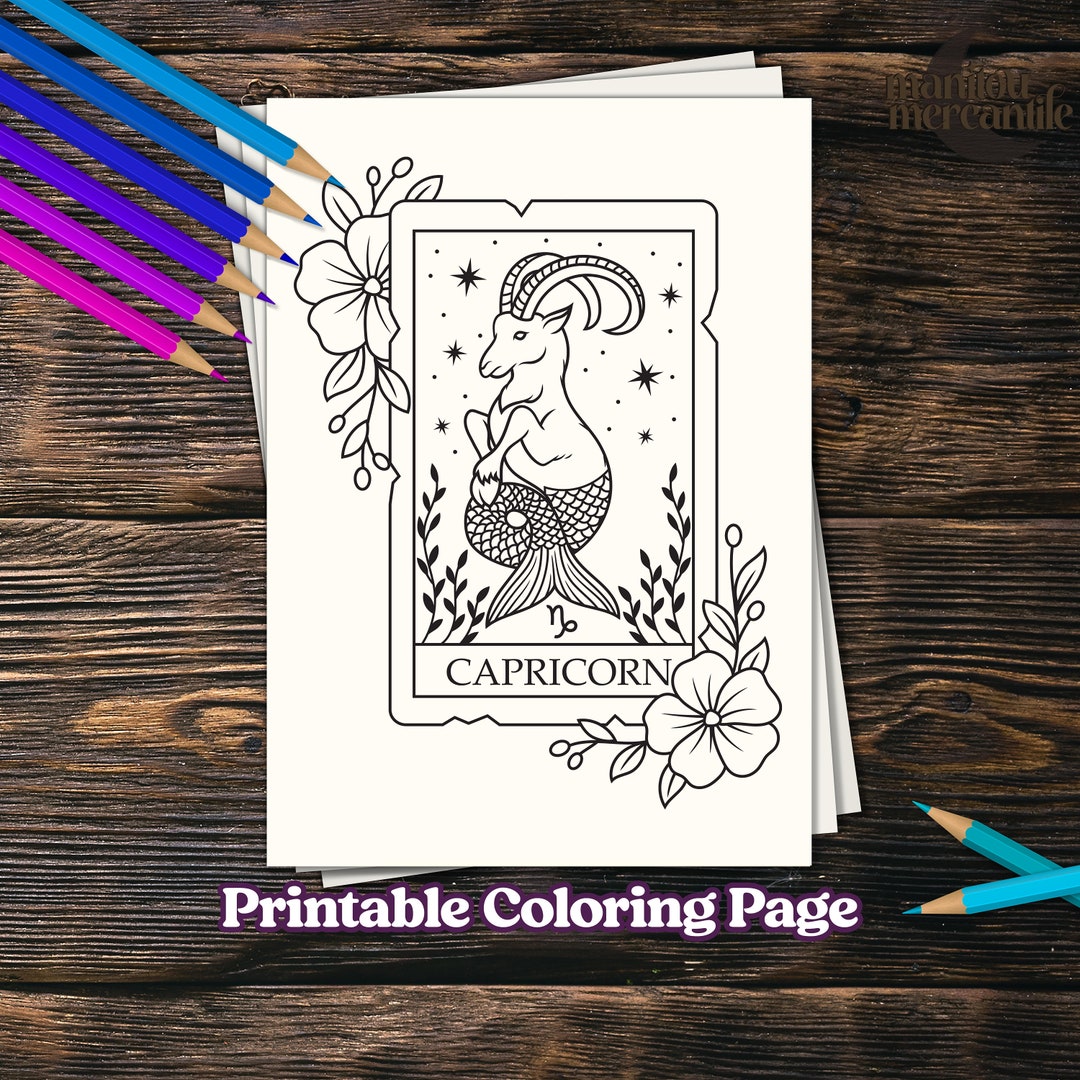 Capricorn Zodiac Astrology Printable Coloring Book Page | Horned Sea ...