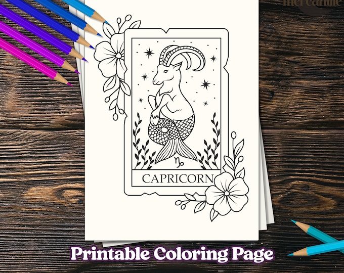 Capricorn Zodiac Astrology Printable Coloring Book Page Horned Sea Goat ...