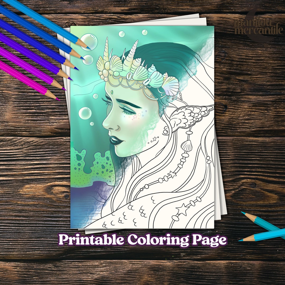 Mermaid Sea Witch Printable Coloring Book Page | Magical Ocean Siren ...