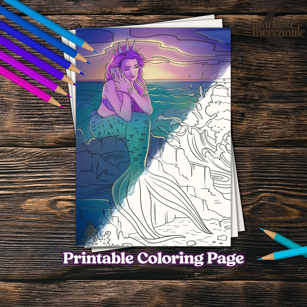 Mermaid Sea Witch Printable Coloring Book Page | Magical Ocean Siren ...